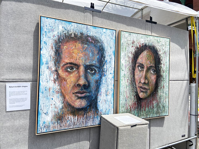 Powerful portrait paintings command attention with their emotional depth and technical brilliance, stopping festival-goers in their tracks for moments of artistic appreciation.