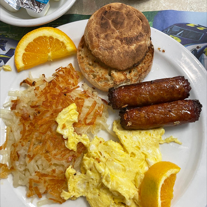 The Breakfast Depot special brings together eggs, sausage, hash browns and a biscuit &ndash; a morning freight train of flavor.