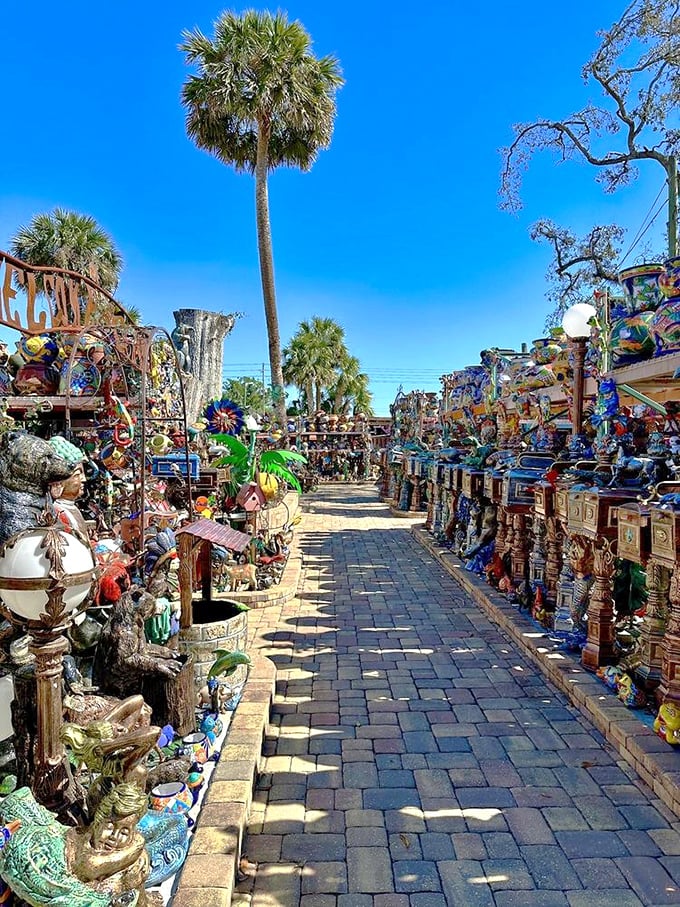 A kaleidoscope for your garden! This walkway of ceramic treasures offers enough color to make even Miami Beach seem subdued by comparison.