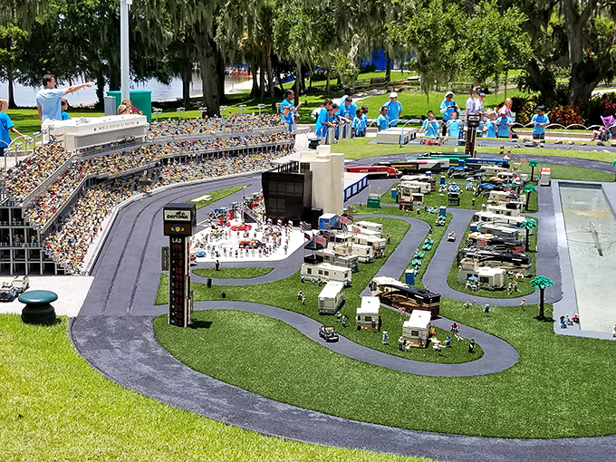 The Daytona International Speedway LEGO model recreates racing excitement in miniature form, complete with thousands of spectator minifigures in the stands.