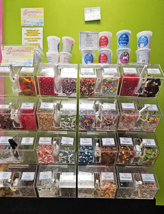 The gummy paradise at Zeno's features clear dispensers filled with every shape and flavor imaginable – a build-your-own sugar adventure waiting to happen.