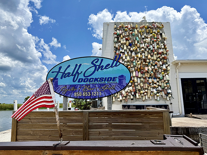 Half Shell Dockside's wall of colorful buoys tells stories of countless fishing expeditions while promising the freshest catch inside.