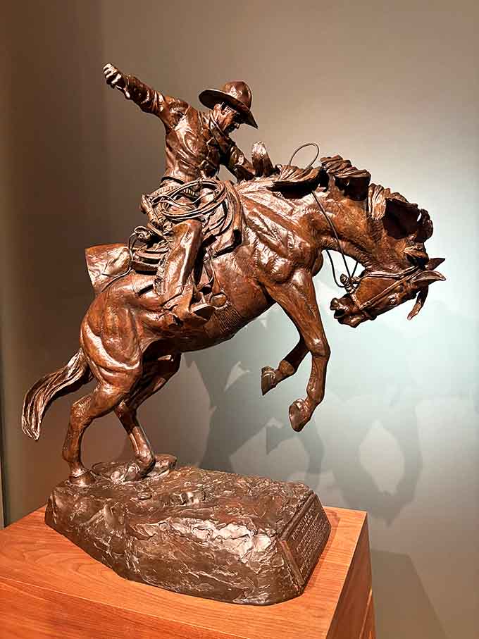 This bronzed bucking bronco captures pure kinetic energy, making you feel the dust and hear the thunder of hooves.
