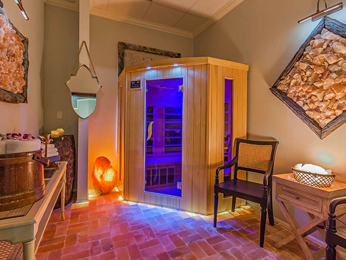 Modern wellness meets ancient therapy: The infrared sauna room combines heat therapy with salt's natural benefits.