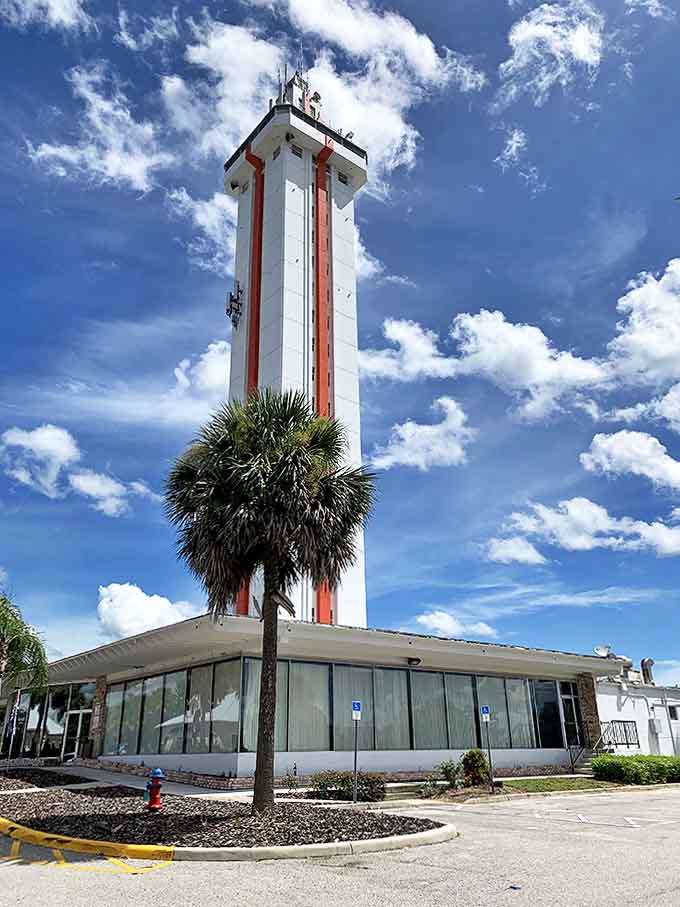 Tower Base Exterior: Palm trees frame the tower's base, a quintessentially Florida juxtaposition of tropical vegetation against mid-century architectural confidence.