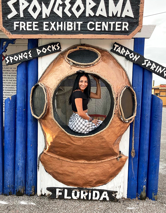 The vintage diving helmet display offers the perfect photo opportunity, transporting visitors back to the golden age of sponge diving.