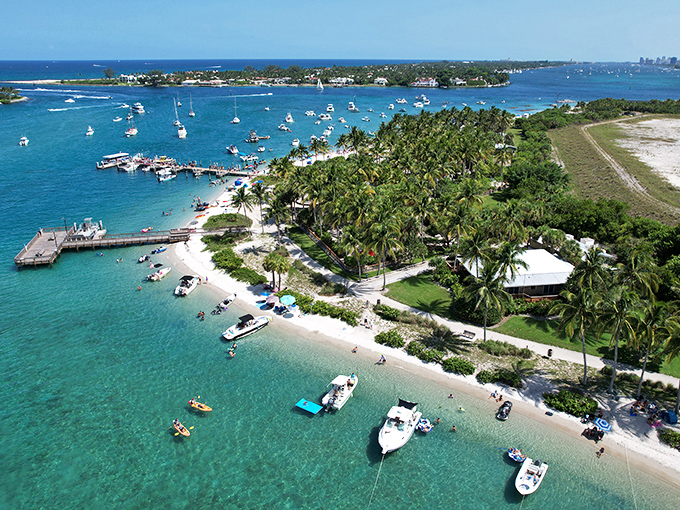 From above, Peanut Island reveals its perfect donut shape, surrounded by waters in shades of blue that would make a paint company jealous.