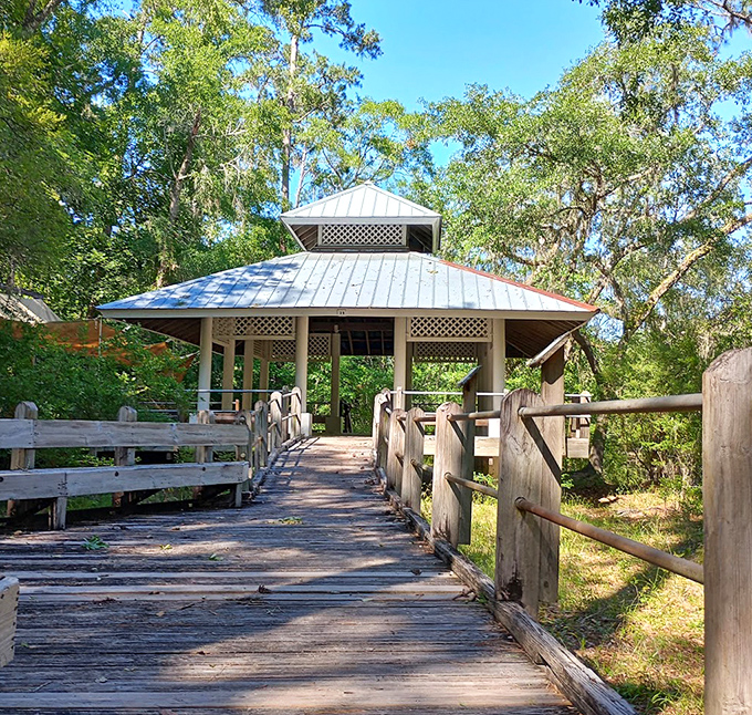 This charming pavilion offers a shaded respite where visitors can rest their feet while their imaginations continue wandering.