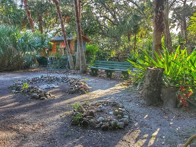 Stone circles and rustic benches create conversation pits where visitors can ponder the centuries of human stories beneath their feet.