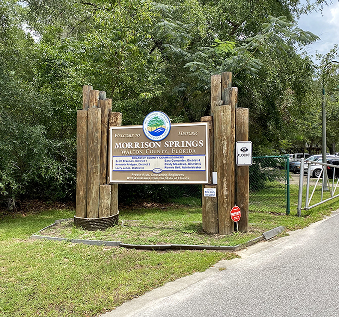 Historic Morrison Springs signage stands as a humble introduction to one of Florida's most breathtaking natural wonders.