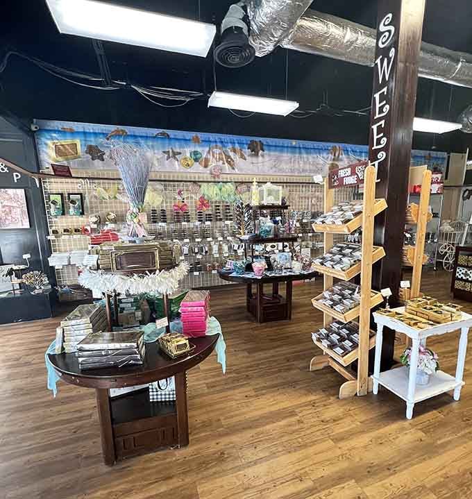 Rustic wooden displays at Angell and Phelps show off fresh fudge and chocolates in a charming, down-home setting.