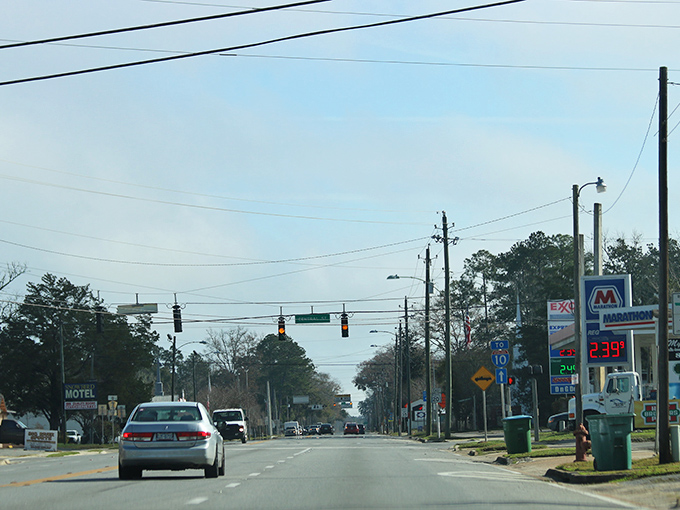 American crossroads classic! Bristol's main drag features the essentials of small-town life: traffic lights, gas stations, and endless blue sky.