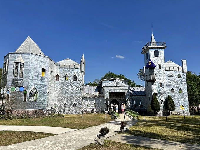 Solomon's Castle rises like a silver mirage in rural Florida, its metallic exterior gleaming under the bright sunshine.