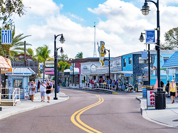 Greece meets Gulf! Tarpon Springs bursts with Mediterranean energy where blue-and-white flags dance above sea-treasure shops.