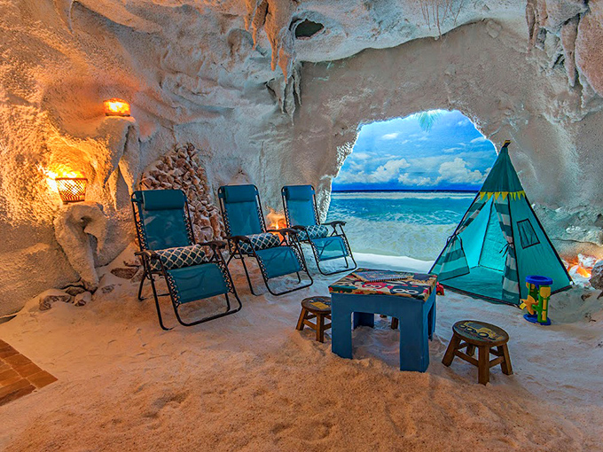 Beach day, minus the sunburn: The cave's ocean mural creates a seaside escape complete with sand-like salt floor.