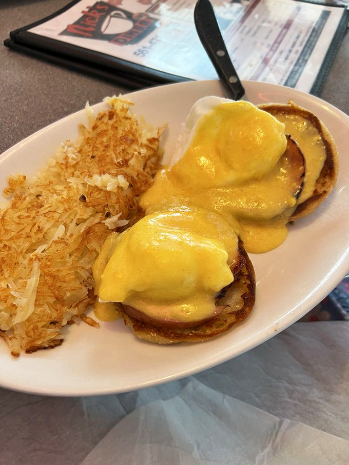 Eggs Benedict that would make a cardiologist wince and a food lover weep &ndash; perfectly poached eggs nestled on English muffins under a waterfall of hollandaise.