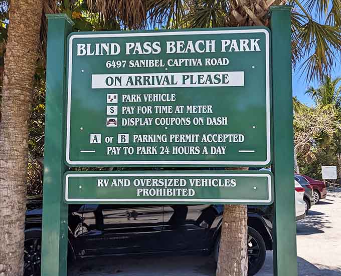 The sign says "park vehicle," but what it really means is "prepare for paradise, population: you."