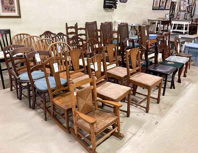 The chair brigade stands at attention, each with its own history and character. From rockers to dining chairs, they're just waiting for their next chapter.