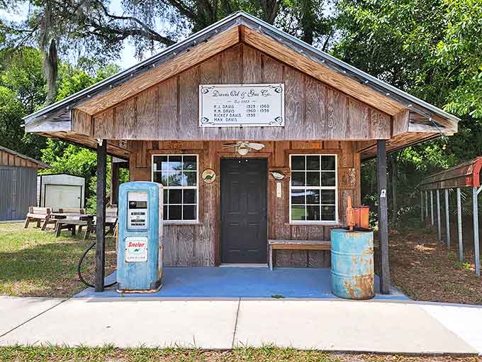 Fuel up on nostalgia at this charming old-fashioned gas station, featuring a vintage Sinclair pump and weathered wood.