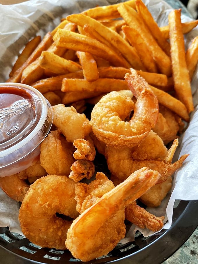 Golden-fried shrimp and perfectly crisp fries &ndash; sometimes the simplest pleasures are the most profound. Just add cold beer and sunset.