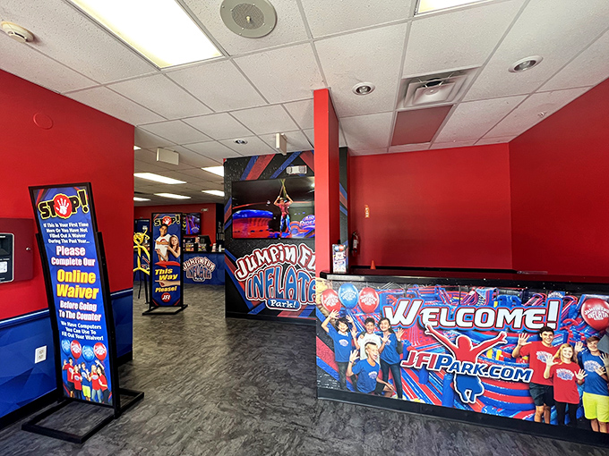 The park's vibrant welcome area sets the tone for the bouncy adventures that await beyond those doors.