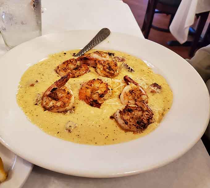 Plump Gulf shrimp swimming in creamy grits, proving that Southern comfort food is actually a form of edible therapy.