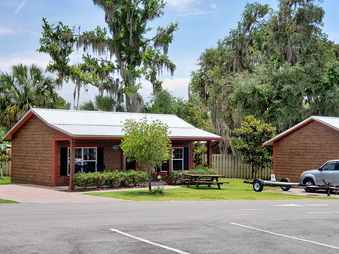 Rustic picnic tables beneath thatched roofs create the perfect setting for casual meals, where river breezes enhance every bite.
