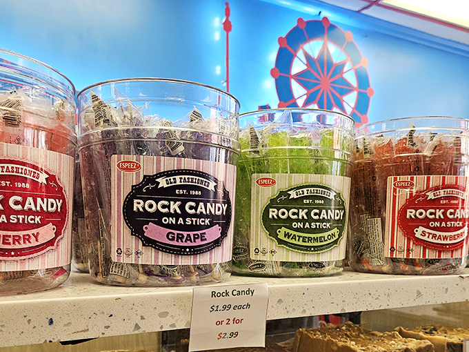 Vintage-style rock candy sticks stand at attention like sugary sentinels, each flavor promising a different sweet symphony on your tongue.