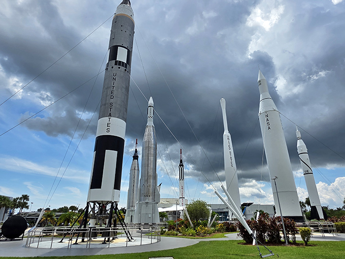 The Rocket Garden features authentic vehicles from NASA's storied past, standing like metallic sentinels of human achievement.