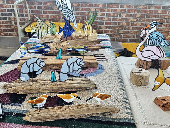 Florida's marine life captured in stained glass catches the light like underwater treasures. Each piece transforms a window into an aquatic portal.