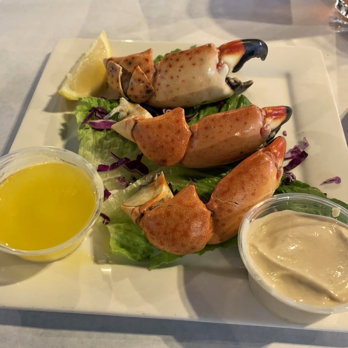 Nature's perfect appetizer &ndash; sweet stone crab claws served chilled with dipping sauces that enhance their natural sweetness.