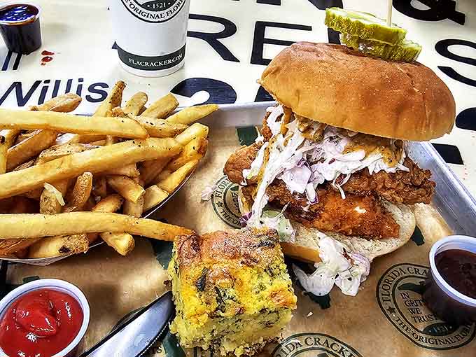 This chicken sandwich understands the assignment: juicy, crispy, and substantial enough to require strategic napkin placement before diving in.