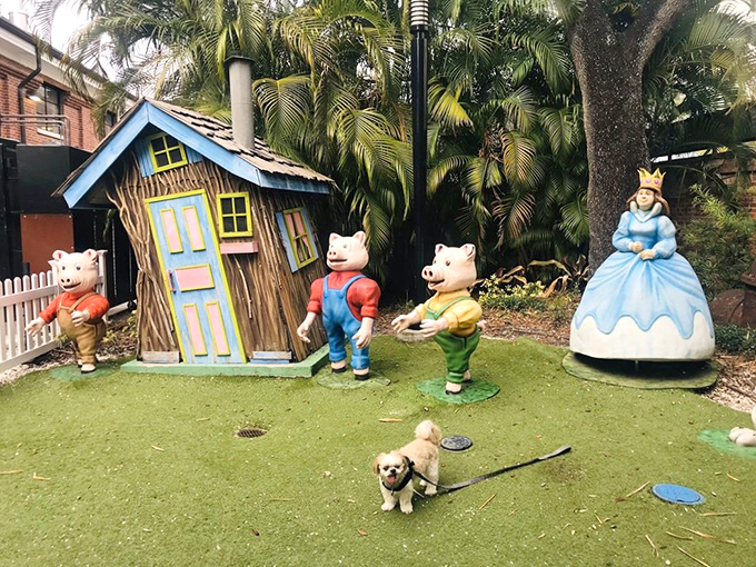 By day, these storybook pigs greet visitors with frozen smiles; by night, they might just be plotting their next architectural venture.