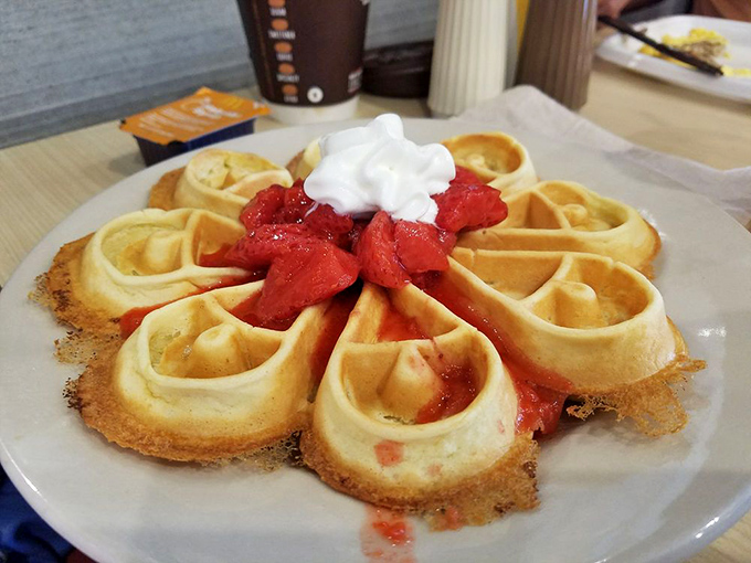 Belgian waffle perfection that makes you question everything you thought you knew about McDonald's breakfast options.