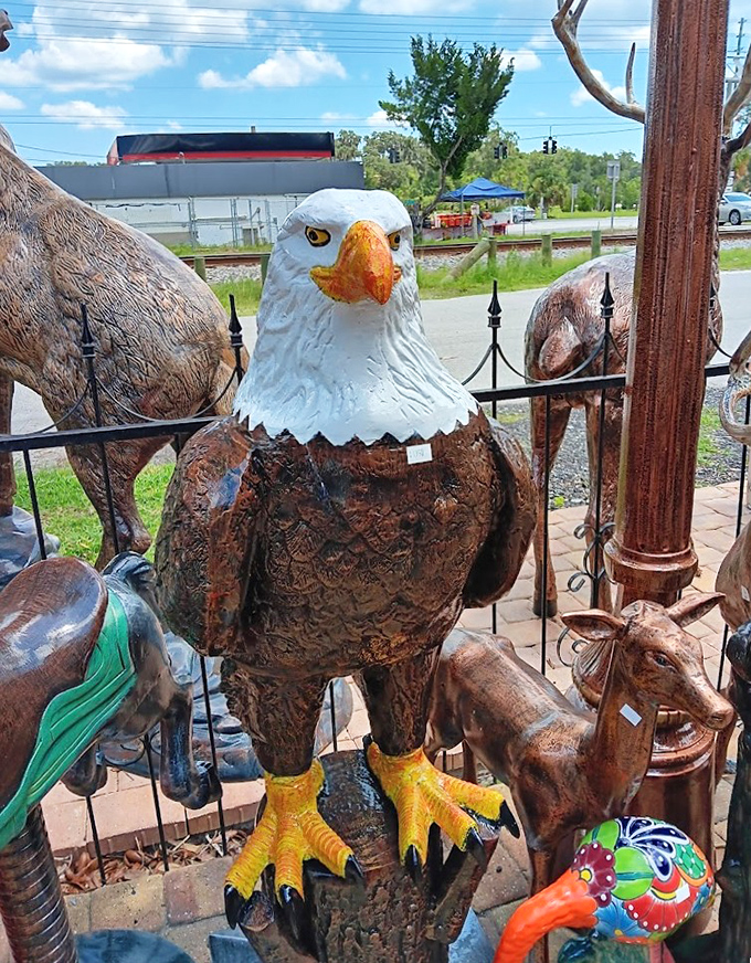Freedom takes wooden form in this majestic bald eagle sculpture, capturing America's spirit with the kind of detail that stops visitors mid-stride.