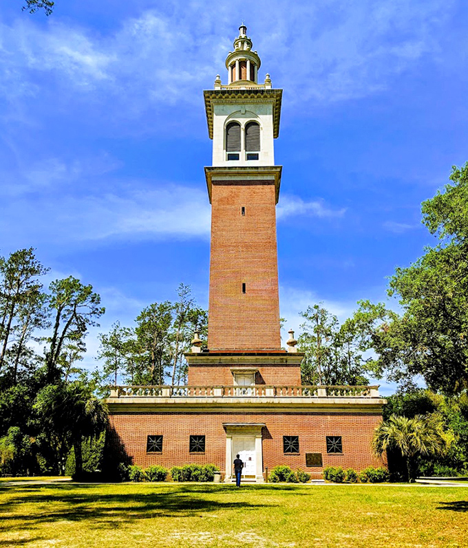 The tower's impressive brick facade combines Southern charm with architectural grandeur, standing sentinel over Foster's musical legacy.