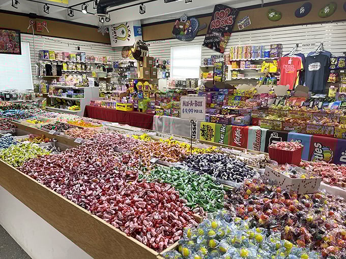 Candy geography lesson: Bins of wrapped treats organized by color create a topographical map of sweetness.