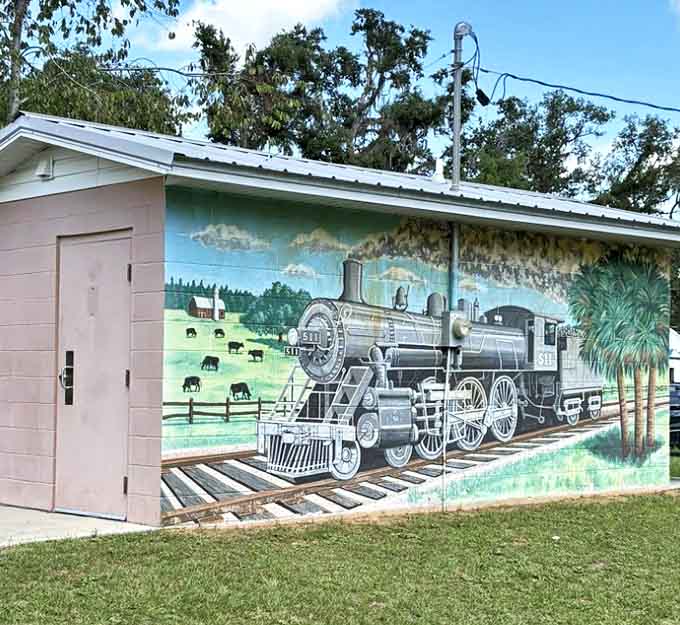Local history comes alive in this colorful mural depicting the railroad era that shaped Madison County's development.