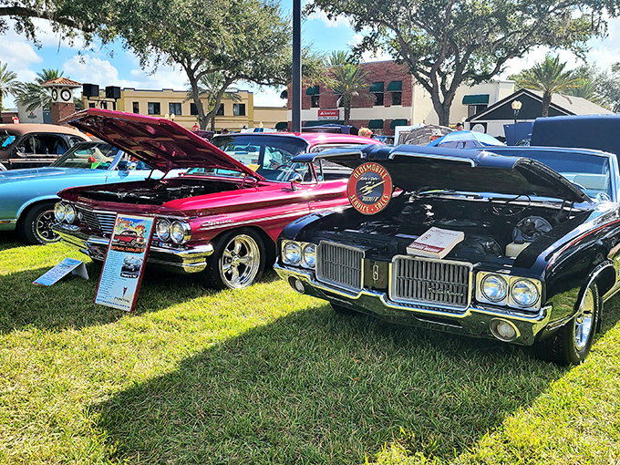 Classic automobiles line up during special events, their chrome details reflecting Florida sunshine while proud owners share restoration stories with admiring visitors.