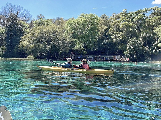K.P. Hole Park offers easy access to the Rainbow River, where colorful kayaks contrast beautifully with the clear blue waters.