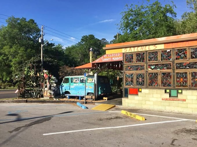 Satchel's colorful exterior with its vintage VW bus showcases the artistic spirit that makes this Gainesville pizza joint so much more than just a restaurant.