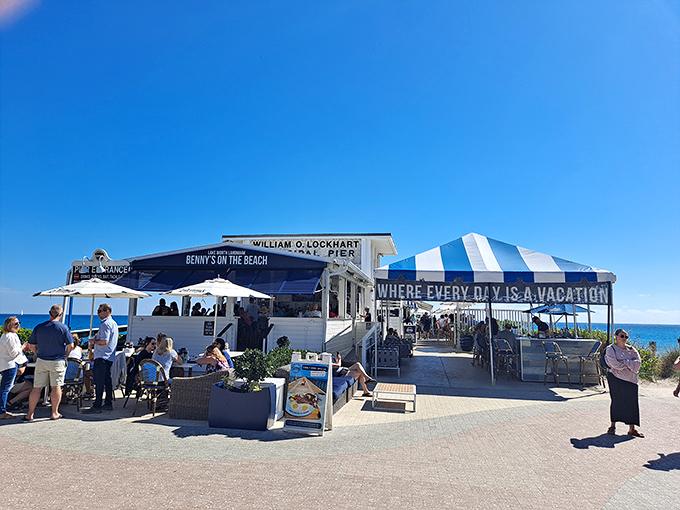 The stunning oceanfront location of Benny's on the Beach makes it feel like you're dining on a boat while staying perfectly dry.