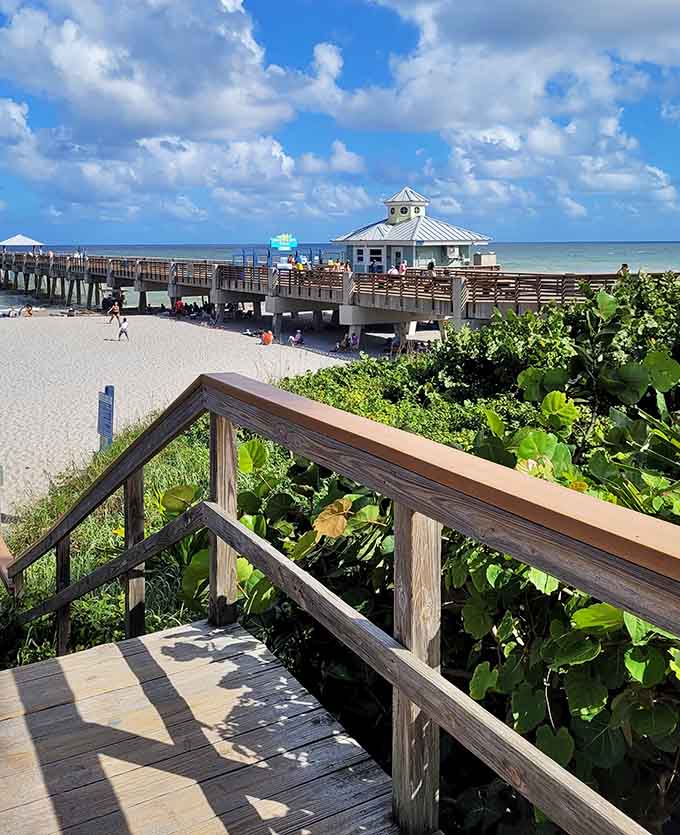 Look out from the wooden stairs toward the iconic pier and sandy shores, where a beautiful day at the beach awaits.