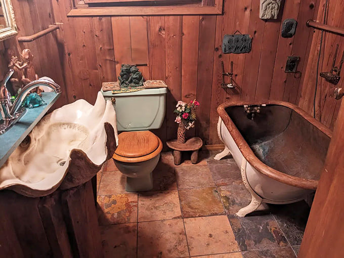 Even the bathroom reflects Kennedy's creative use of salvaged materials, proving that sustainability was cool before it was trendy.