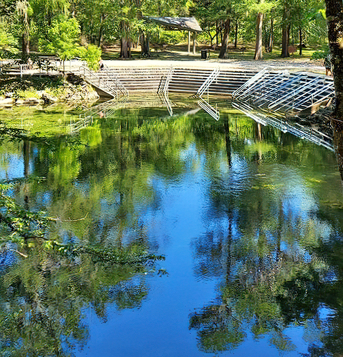 Mirror-like waters reflect the surrounding forest, creating a double dose of beauty that changes with every passing cloud.