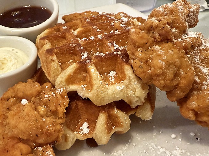 The chicken and waffles that launched a thousand food trends, executed with the confidence of someone who was making it before it was cool.