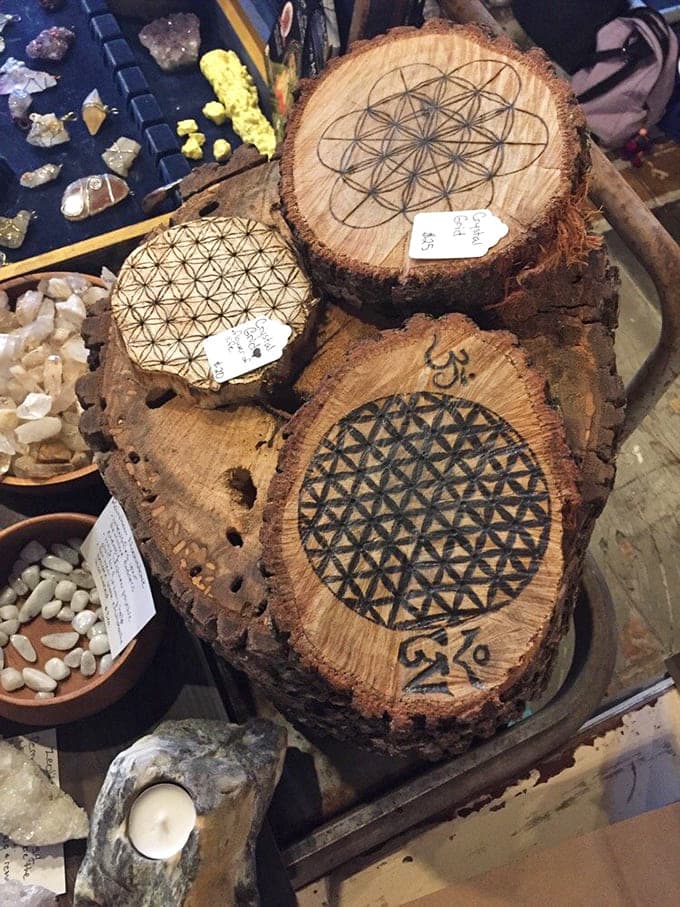 Sacred geometry on wood slices, because even your coasters should make people question reality.