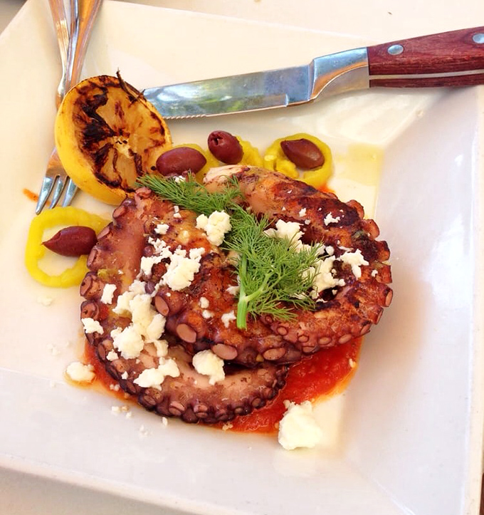 Tender tentacles lounging on a bed of sauce, proving that sometimes the most intimidating-looking foods deliver the gentlest flavors.