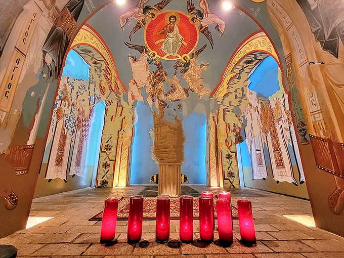 The chapel's apse creates a perfect acoustic chamber where even whispers seem sacred &ndash; red candles casting dancing shadows that give painted saints an almost lifelike quality.