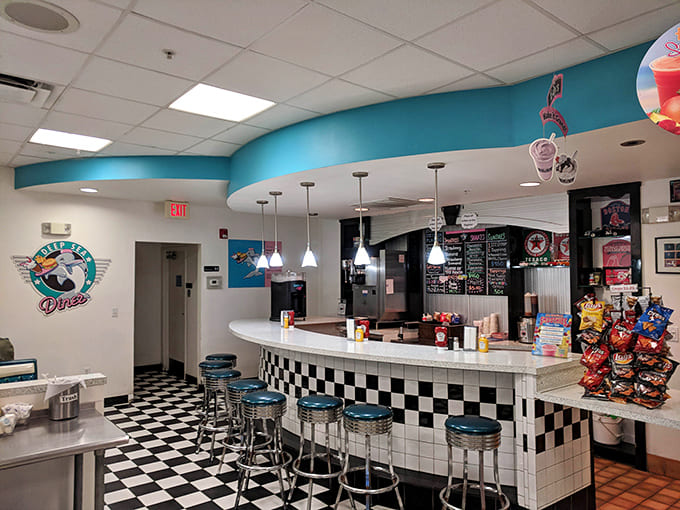 The Deep Sea Diner's retro styling provides the perfect pit stop between exhibits, complete with ocean-themed decor.